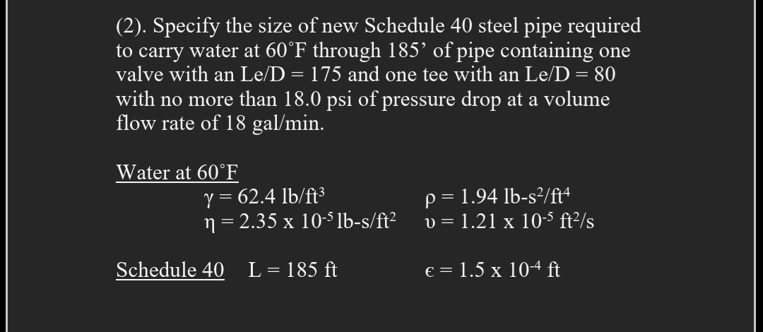Solved (2). Specify the size of new Schedule 40 steel pipe | Chegg.com