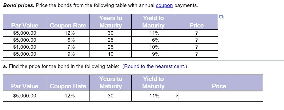 Solved Bond prices. Price the bonds from the following table | Chegg.com