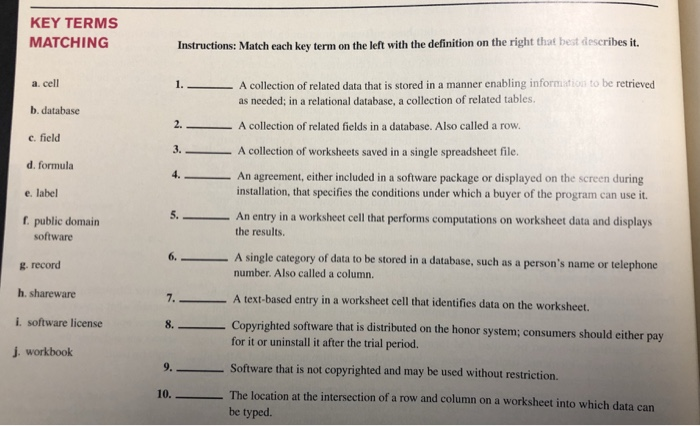 Solved KEY TERMS MATCHING a. cell b. database c. field d. | Chegg.com