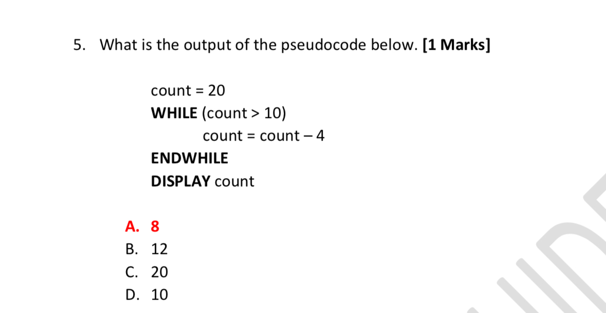 Solved 5. ﻿What is the output of the pseudocode below. ``` | Chegg.com