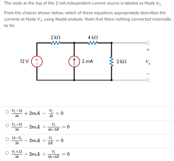 Solved The node at the top of the 2 mA independent current | Chegg.com