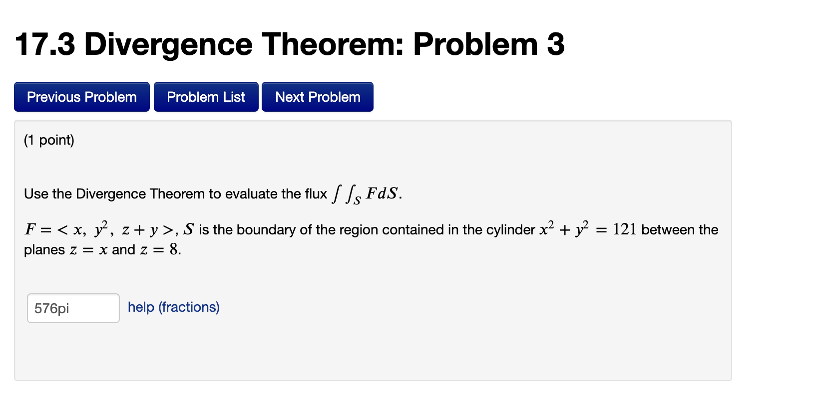 Solved 17.3 Divergence Theorem: Problem 3 Previous Problem | Chegg.com