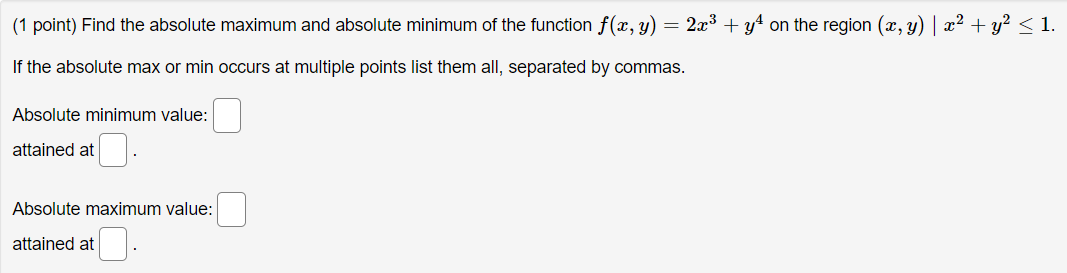 Solved (1 point) Find the absolute maximum and absolute | Chegg.com