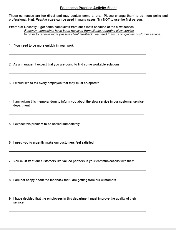 Solved Politeness Practice Activity Sheet These sentences | Chegg.com