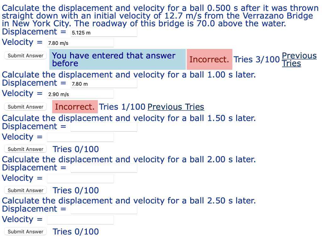 Solved Calculate the displacement and velocity for a ball | Chegg.com