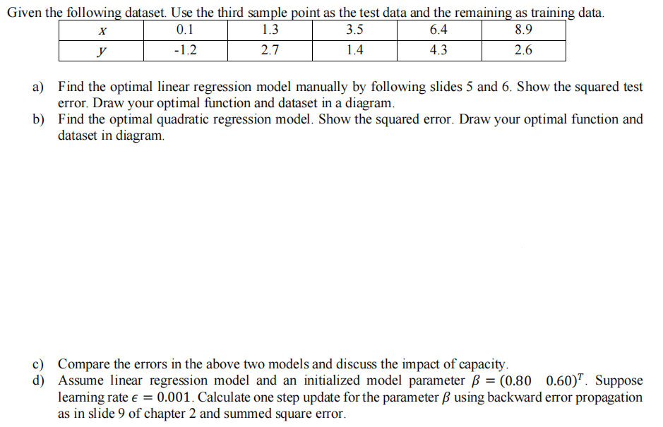 Solved a) Find the optimal linear regression model manually | Chegg.com