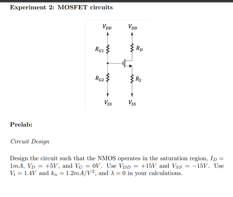 Solved Experiment 2: MOSFET circuits Vpp VDD Roi} {Ro RG2} | Chegg.com