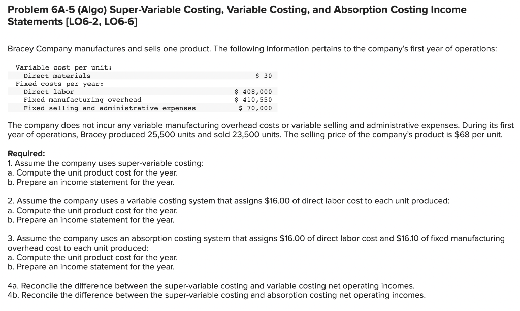 Solved Problem 6A-5 (Algo) Super-Variable Costing, Variable | Chegg.com