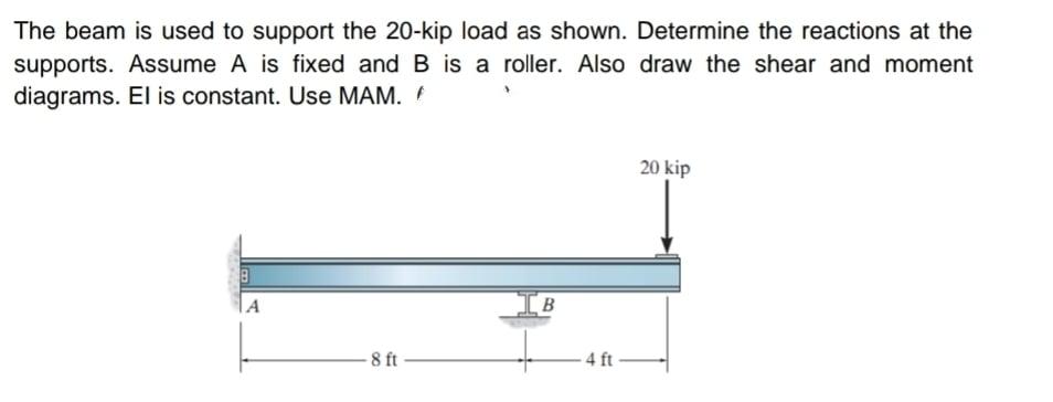 Solved The beam is used to support the 20-kip load as shown. | Chegg.com