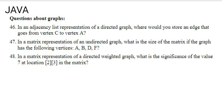 Solved JAVA Questions about graphs: 46. In an adjacency list | Chegg.com