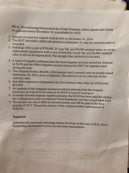 Solved P3-1: The following information for Drake Company, | Chegg.com