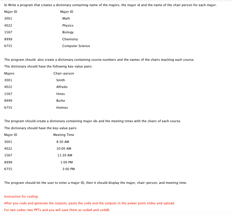 Solved b) Write a program that creates a dictionary | Chegg.com