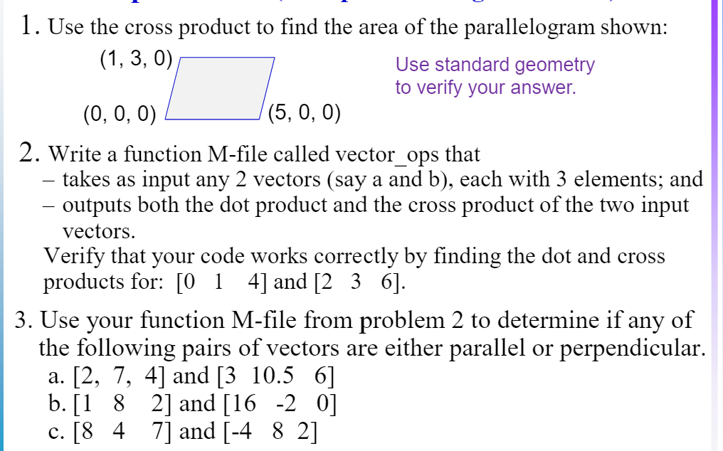 Solved 1. Use the cross product to find the area of the | Chegg.com