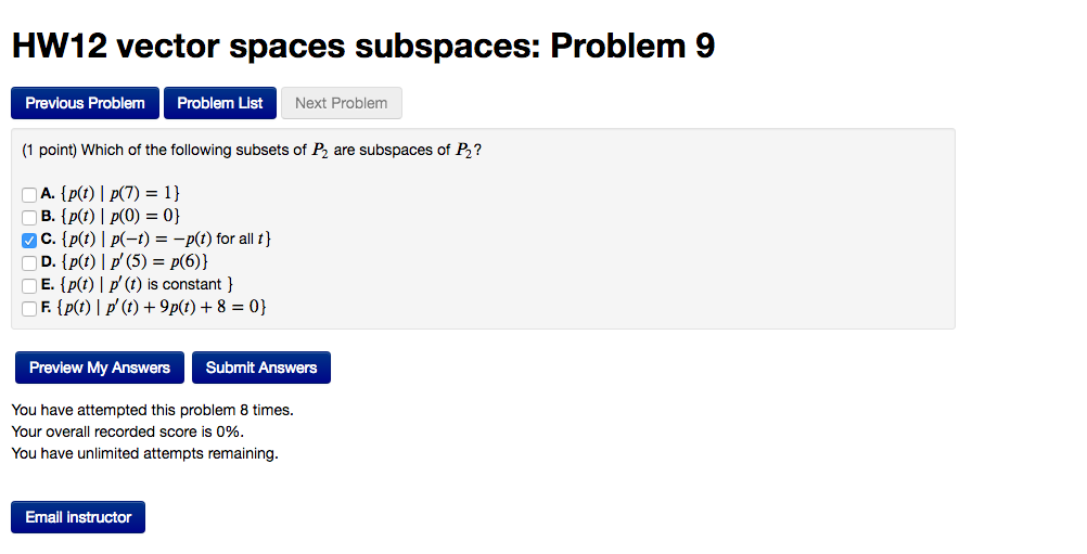 Solved HW12 vector spaces subspaces: Problem 9 Previous | Chegg.com