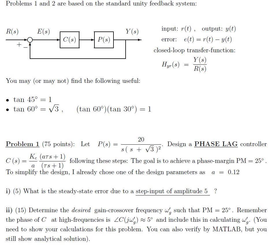 Solved Problems 1 and 2 are based on the standard unity | Chegg.com