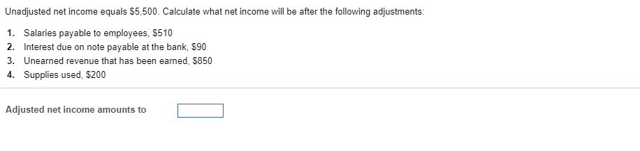 Solved Unadjusted net income equals $5,500. Calculate what | Chegg.com