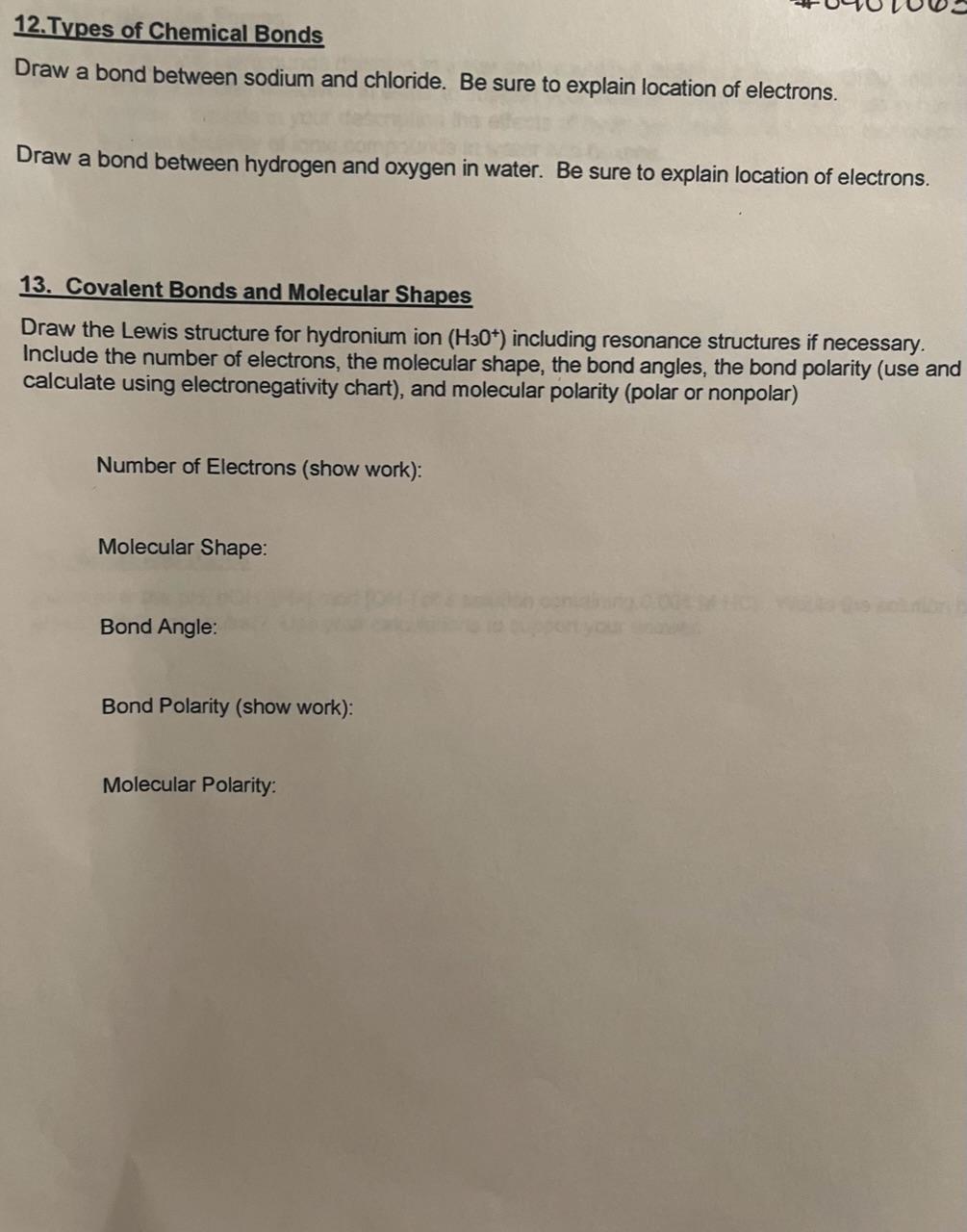 Solved 12. Types of Chemical Bonds Draw a bond between | Chegg.com