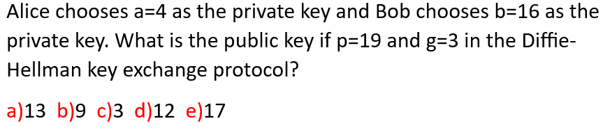 Solved Alice chooses a=4 as the private key and Bob chooses | Chegg.com