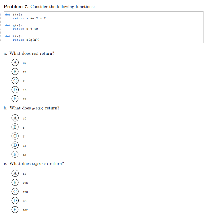 Solved Problem 7. Consider the following functions: 1 2 3 | Chegg.com