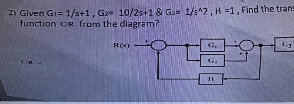 Solved 2) Given G1= 1/s+1, G2= 10/2s+1 & G3= 1/s^2 , H =1, | Chegg.com