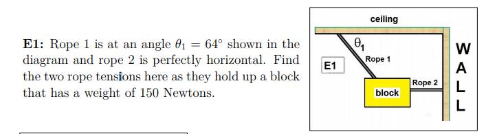Solved ceiling E1: Rope 1 is at an angle 01 = 64° shown in | Chegg.com