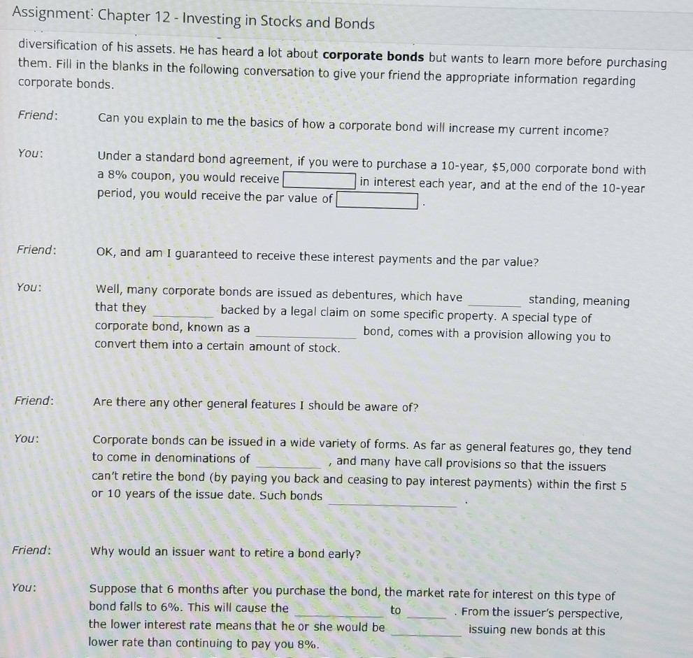 Solved Assignment Chapter 12- Investing in Stocks and Bonds | Chegg.com
