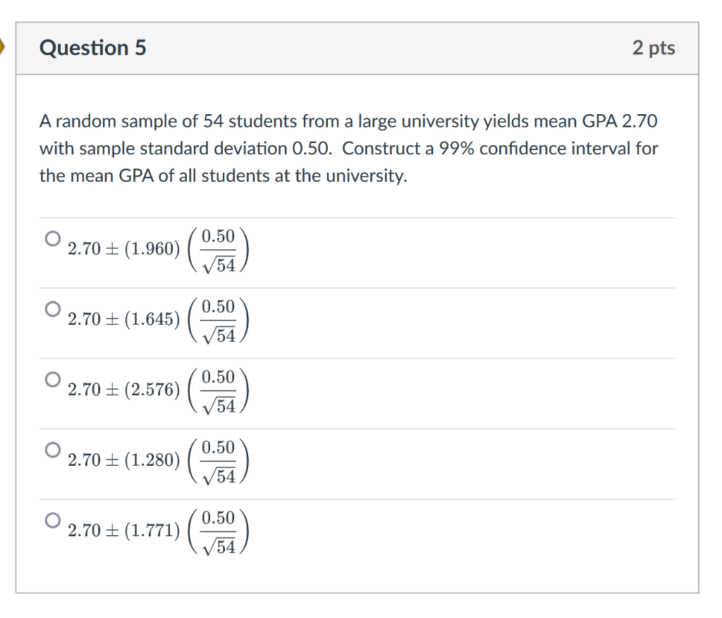 Solved A random sample of 54 students from a large | Chegg.com