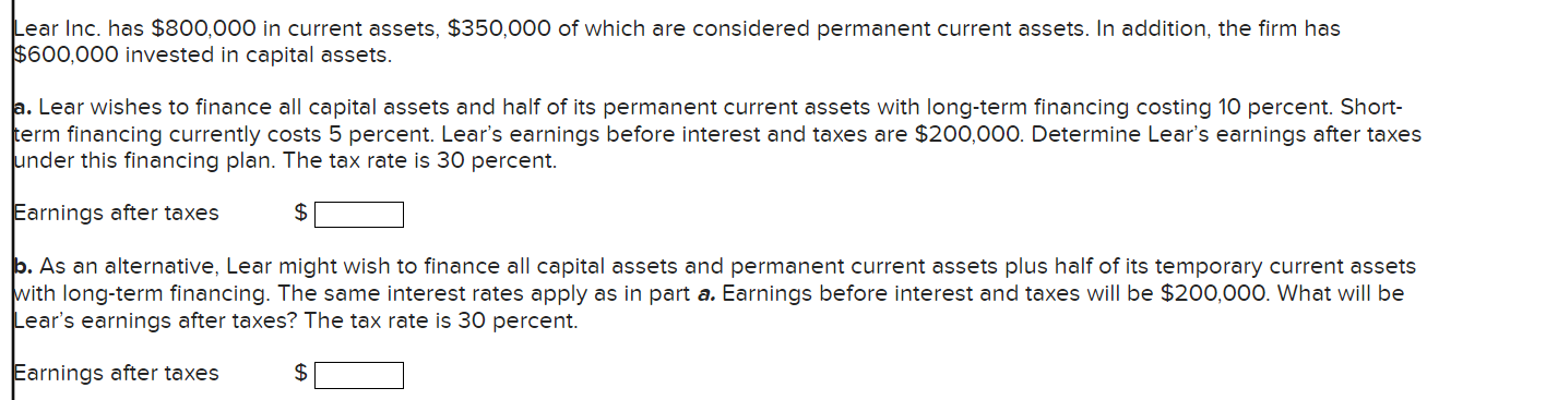 Solved Lear Inc. has $800,000 in current assets, $350,000 of | Chegg.com
