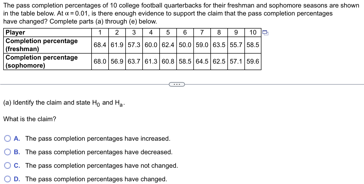 Solved 85) The pass completion percentages of 10 college | Chegg.com