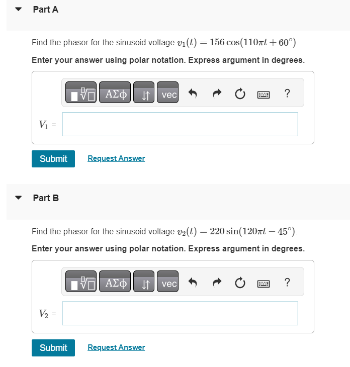 Solved Find the phasor for the sinusoid voltage | Chegg.com