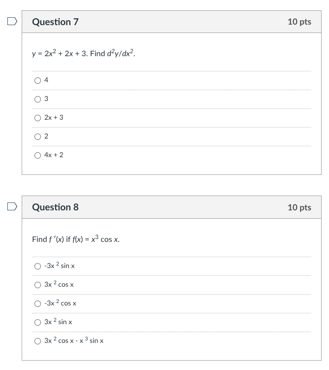 Solved y=2x2+2x+3. Find d2y/dx2 4 3 2x+3 2 4x+2 Question 8 | Chegg.com