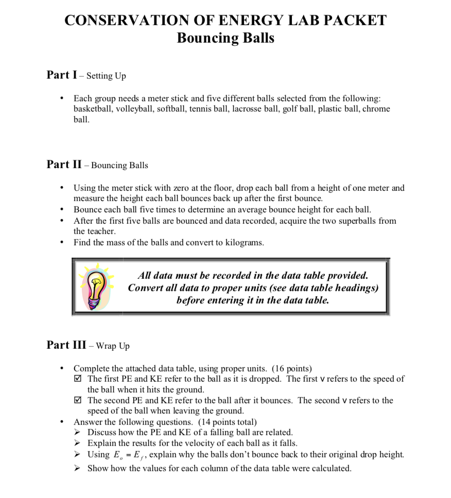 CONSERVATION OF ENERGY LAB PACKET Bouncing Balls Part | Chegg.com