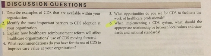 Solved DISCUSSION QUESTIONS 1. Describe examples of CDS that | Chegg.com