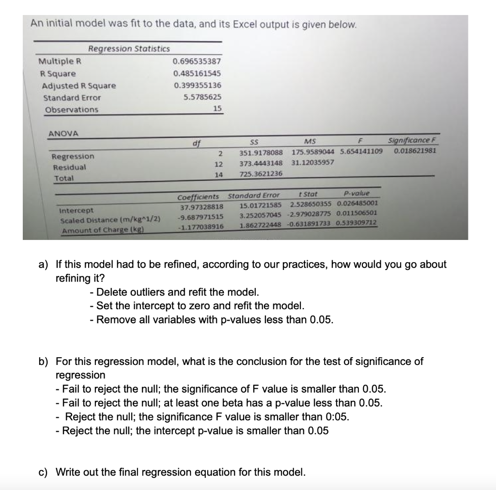 Solved An initial model was fit to the data, and its Excel | Chegg.com