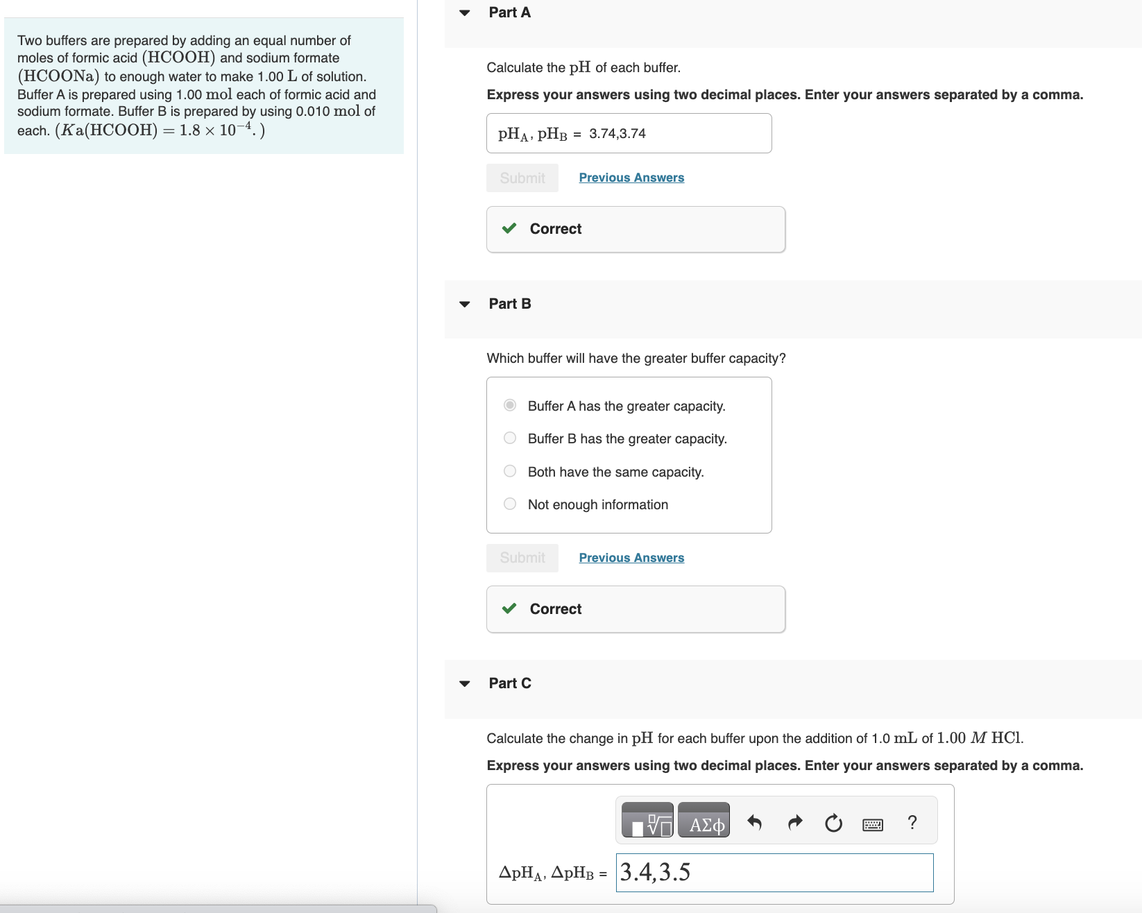 Solved Two buffers are prepared by adding an equal number of | Chegg.com