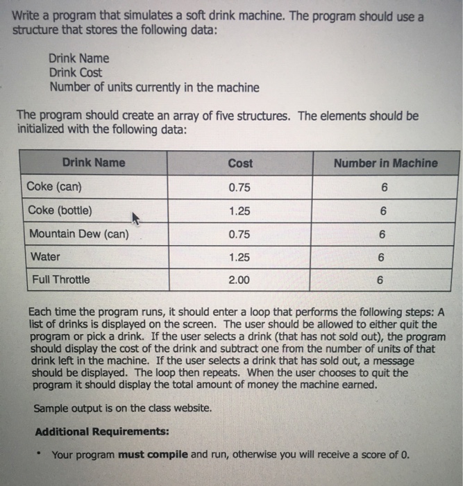 Solved Write A Program That Simulates A Soft Drink Machine