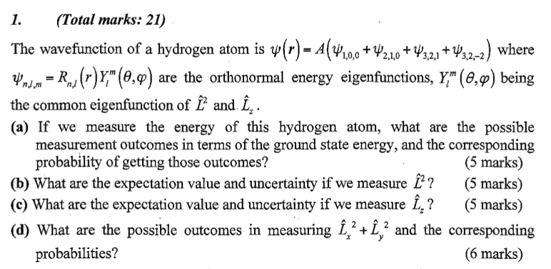 Solved 1. (Total marks: 21) The wavefunction of a hydrogen | Chegg.com