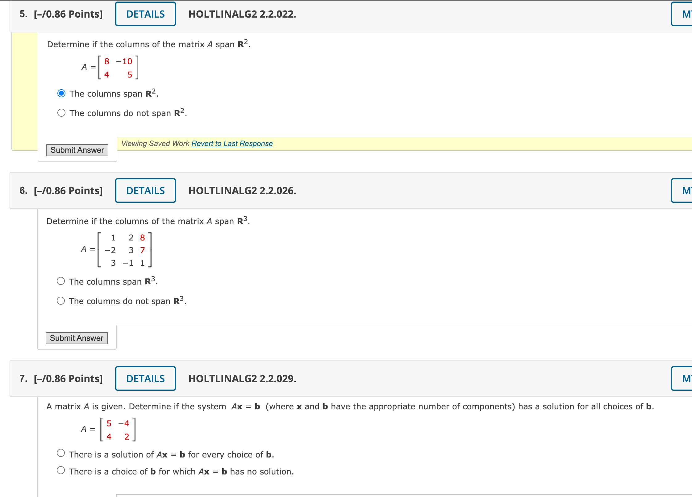 Solved [-/0.86 ﻿Points]HOLTLINALG2 2.2.022.Determine if the | Chegg.com