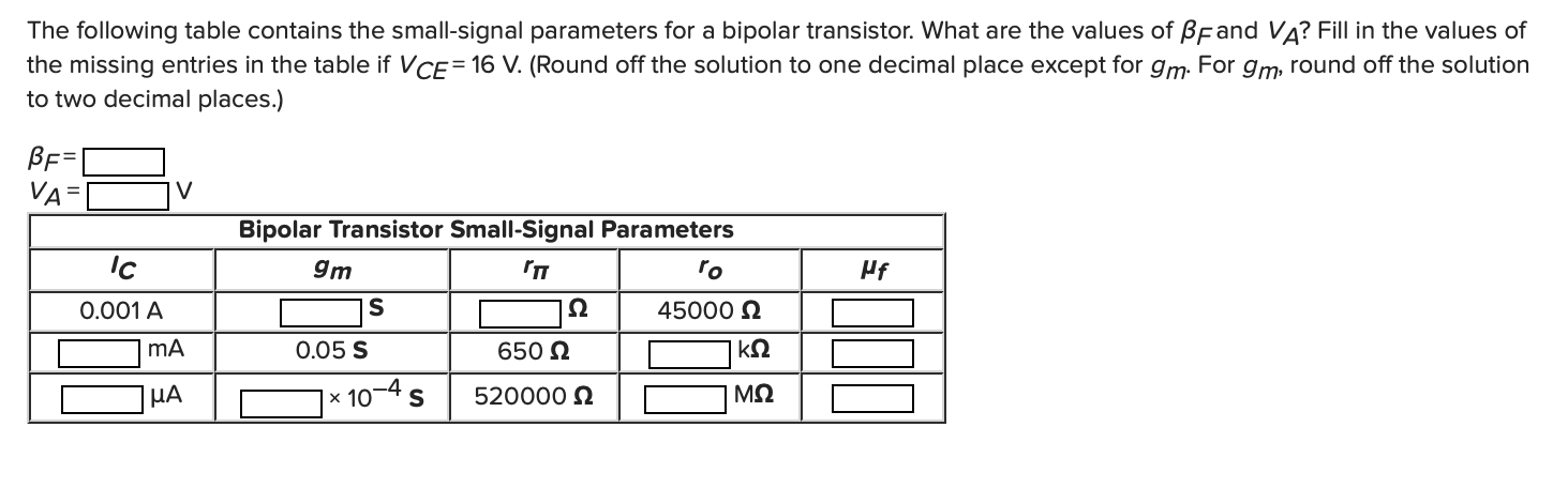 Solved The following table contains the small-signal | Chegg.com