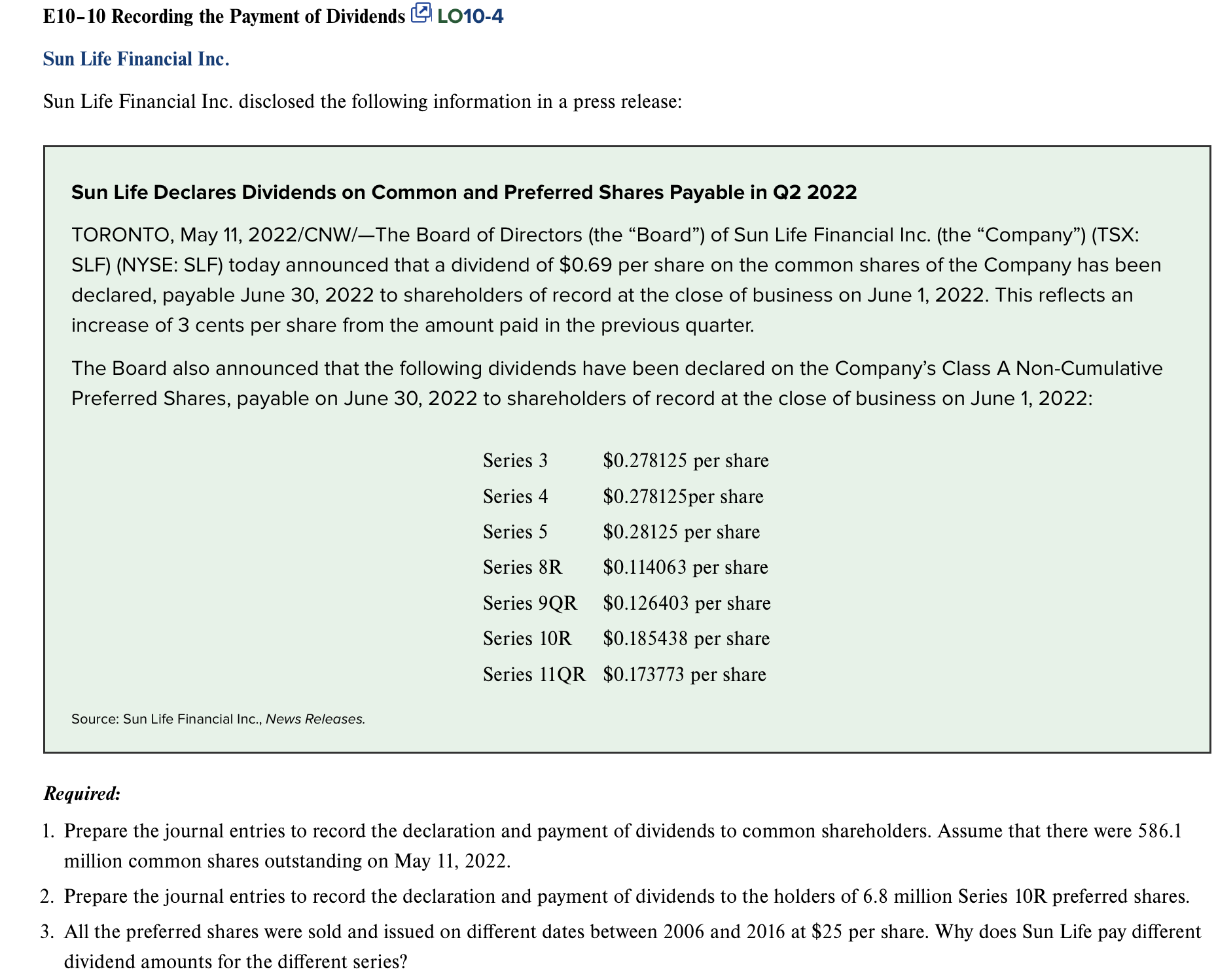 Solved E10-10 Recording the Payment of Dividends ₫ LO10-4 | Chegg.com