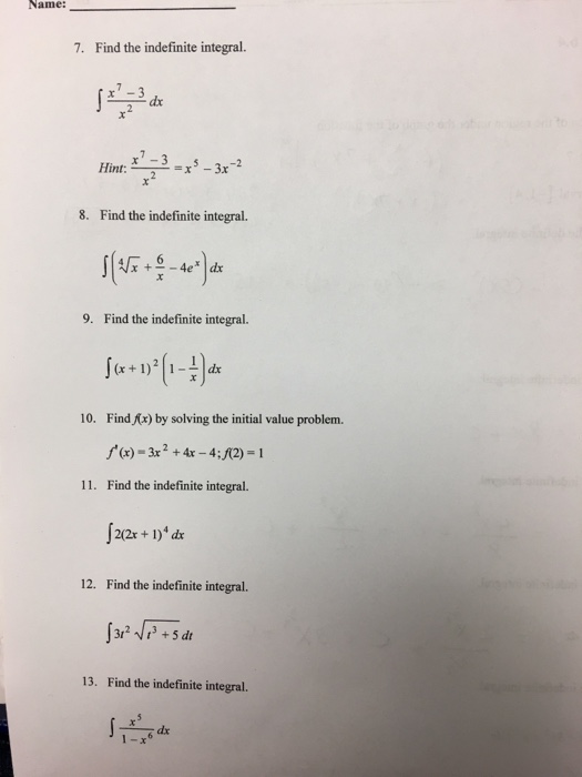 Solved Find the indefinite integral. Integral x^7 - 3/x^2 dx | Chegg.com