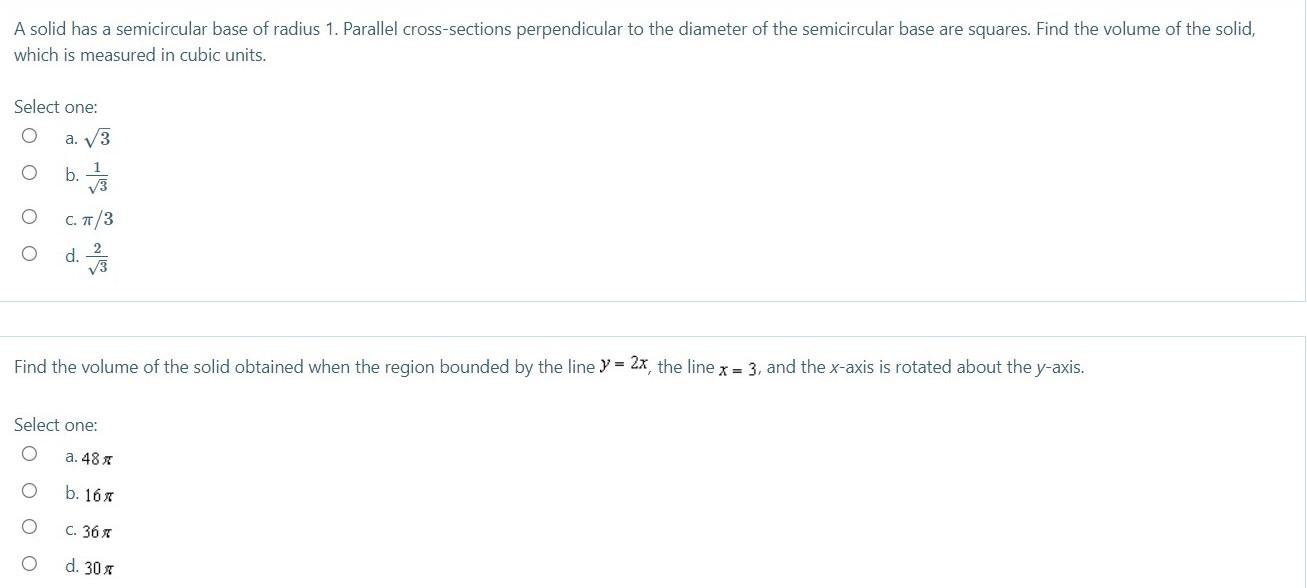 Solved A solid has a semicircular base of radius 1. Parallel | Chegg.com