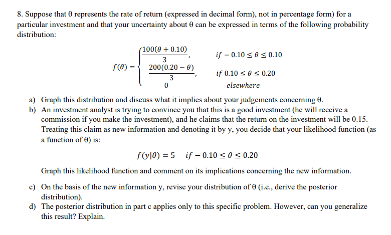 8. Suppose that θ represents the rate of return | Chegg.com