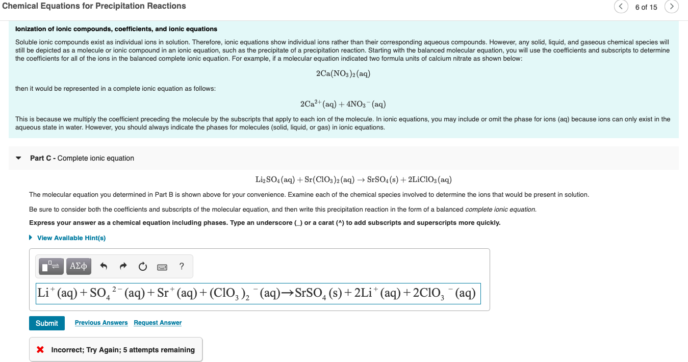 Solved Chemical Equations for Precipitation Reactions 6 of | Chegg.com
