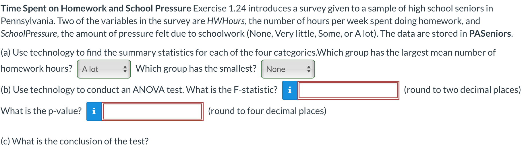Time Spent on Homework and School Pressure Exercise | Chegg.com