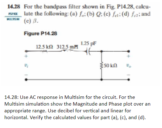 Solved 14.28 ﻿For the bandpass filter shown in Fig. P14.28, | Chegg.com