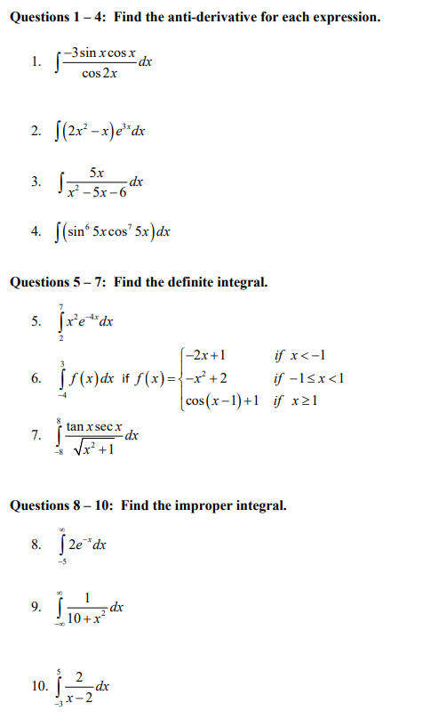 Solved Questions 1−4 : Find the anti-derivative for each | Chegg.com