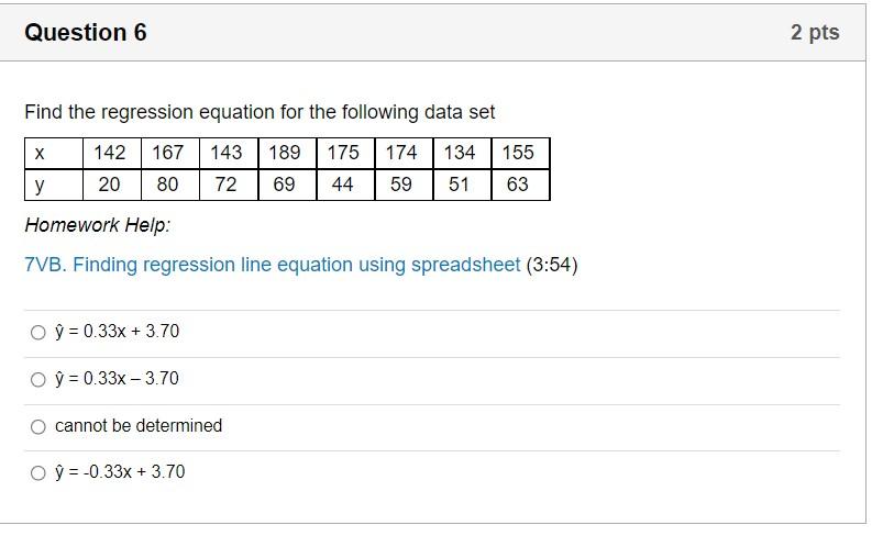 Solved Question 6 2 pts Find the regression equation for the | Chegg.com