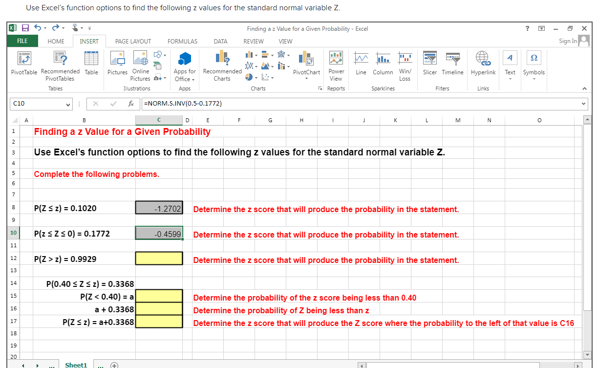 Solved Use Excels Function Options To Find The Following Z 