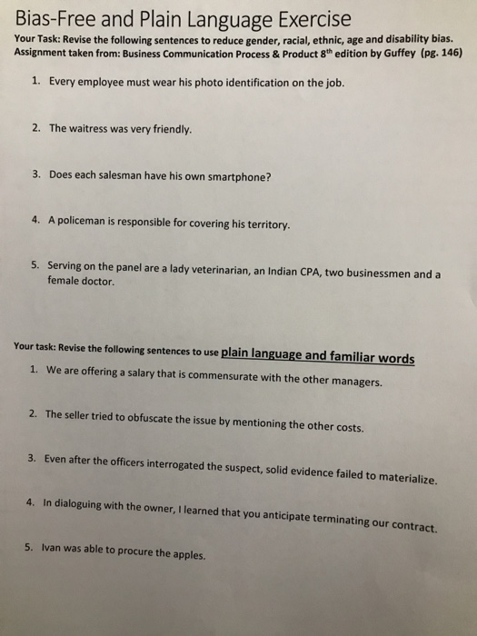 Solved Bias-Free and Plain Language Exercise Your Task: | Chegg.com